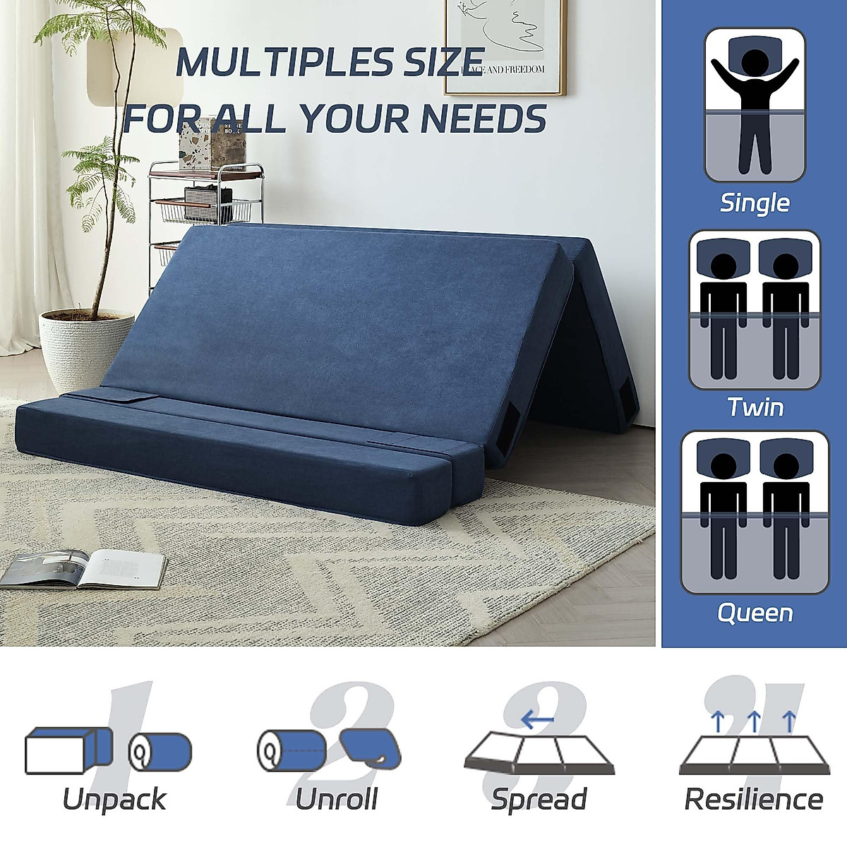 Kaxiti Folding Sofa Bed, 3-in-1 Convertible Sleeper Chair with Pillow, Linen Foldable Mattress Futon, Memory Foam Floor Couch for Living Room/Dorm/Guest Room/Home Office/Bedroom, Queen, Navy Blue