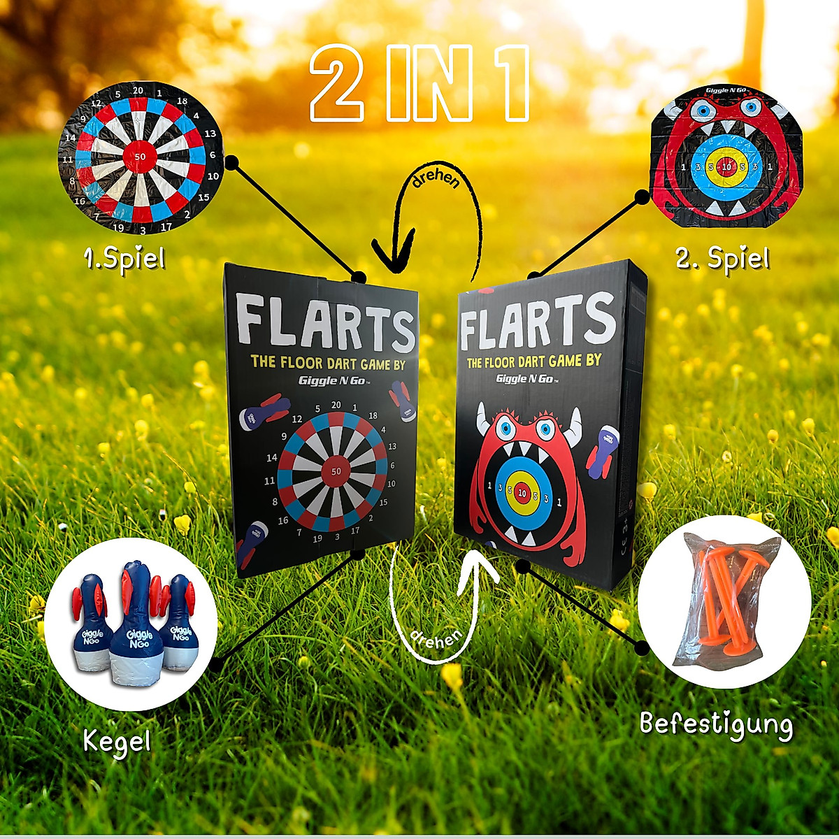 Giggle N Go Outdoor Games for Kids, Adults & Family - The Original Flarts Floor and Yard Darts Game with Inflatable Pins, Lawn Pegs and Mat - Monster Theme, Easter Basket Stuffers Gifts for Kids