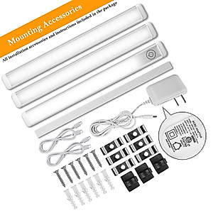LED Under Cabinet Lighting plug in – ZHIKE (2020 New) Touch Dimmable linkable closet Light for Counter Kitchen Accent Light Natural White 4000K, Tool-Free Install, 9" Length 3-Bars ETL Adapter