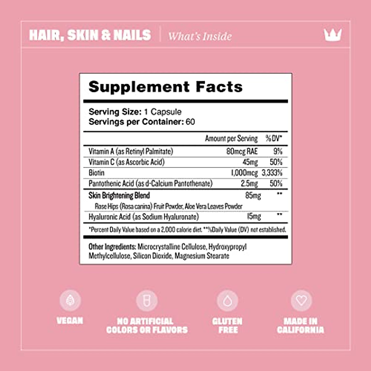 Health by Habit Hair, Skin and Nails Supplement 2 Pack (120 Capsules) - Biotin 2000mcg, Vitamin A, Vitamin B, Vitamin C, Hyaluronic Acid, Rosehip, and Alo Vera, Vegan, Non-GMO, Sugar Free (2 Pack)