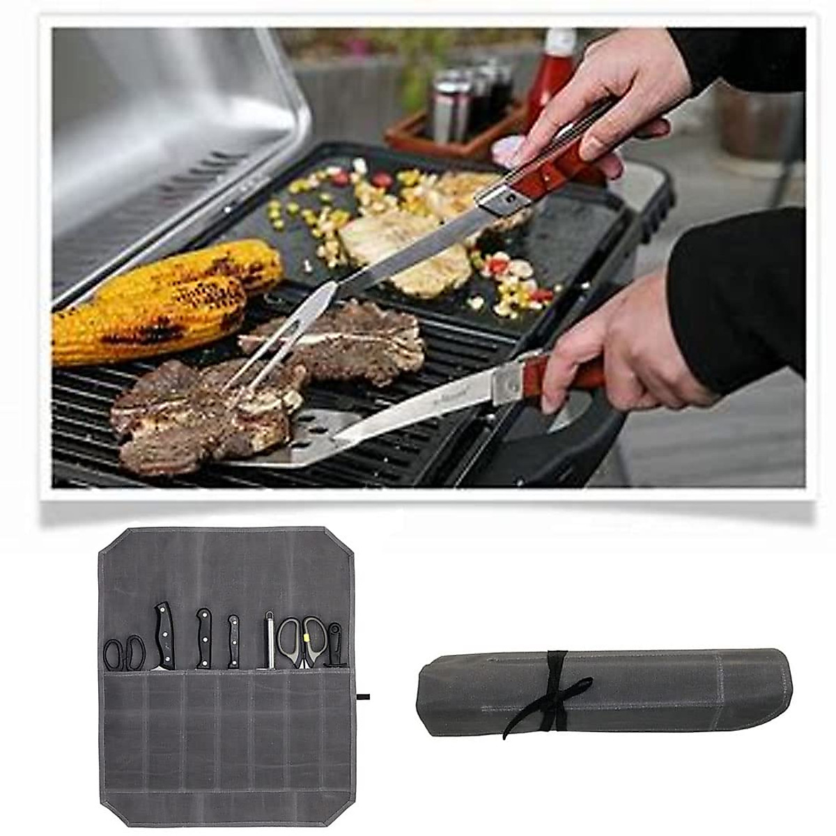 Waxed Canvas Cutlery Cover, Chef Knife Roll Pouch, Kitchen Cooking Tool Knife Holder Organizer, Foldable Multipurpose Travel Tool BBQ Tool Roll Pouch with 7 Slots, Grey, Waterproof