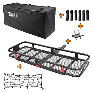 TUFFIOM 60"x20"x6" Folding Hitch Mount Cargo Carrier Basket, 500lbs Steel Car Cargo Trailer Hitch Luggage Rack with Net, Waterproof Cargo Bag, Straps & Stabilizer for SUV Car Truck Van