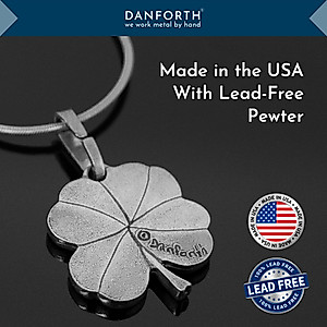 DANFORTH Four Leaf Clover/Shamrock Green Necklace, Handcast Pewter Pendant, 18 Inch Sterling Chain, Made In USA