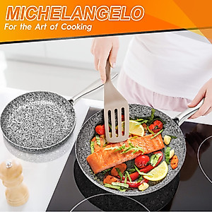 MICHELANGELO 8 Inch + 10 Inch + 12 Inch Frying Pan with Lid, Stone Skillets, Nonstick Stone Frying Pan with Stone-Derived Coating, Granite Frying Pan, Nonstick Frying Pans Set