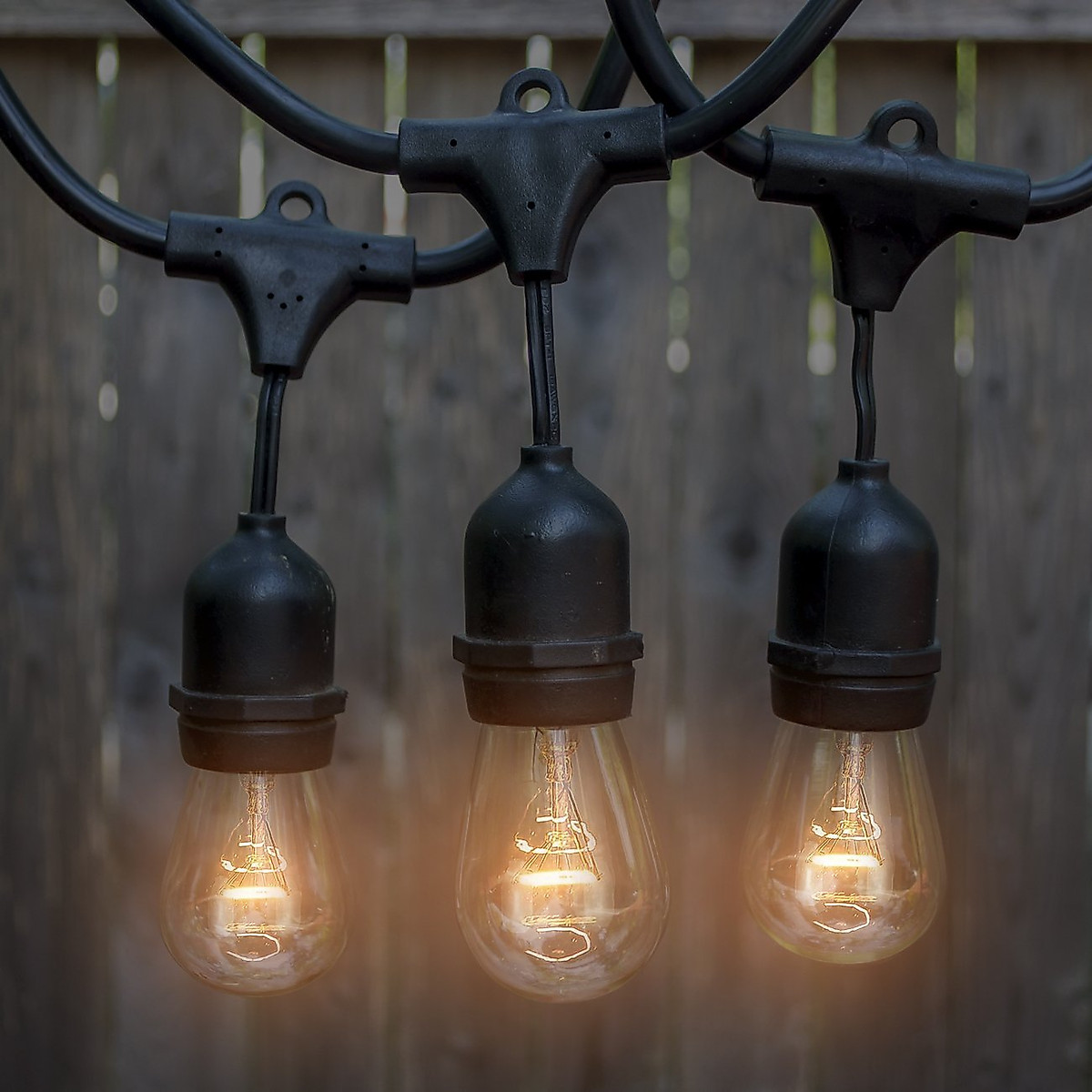 Outdoor String Lights 48 Ft, Commercial Grade Outdoor Light Strand with Hanging Sockets - Weatherproof Strand for Patio Garden Porch Backyard Party Deck Yard, 15 light bulbs included – Black