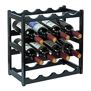 Homevany Bamboo Wine Rack, Sturdy and Durable Wine Storage Cabinet Shelf, Wine Racks Countertop for Pantry - 4 Tiers 16 Bottle Wine Rack Black