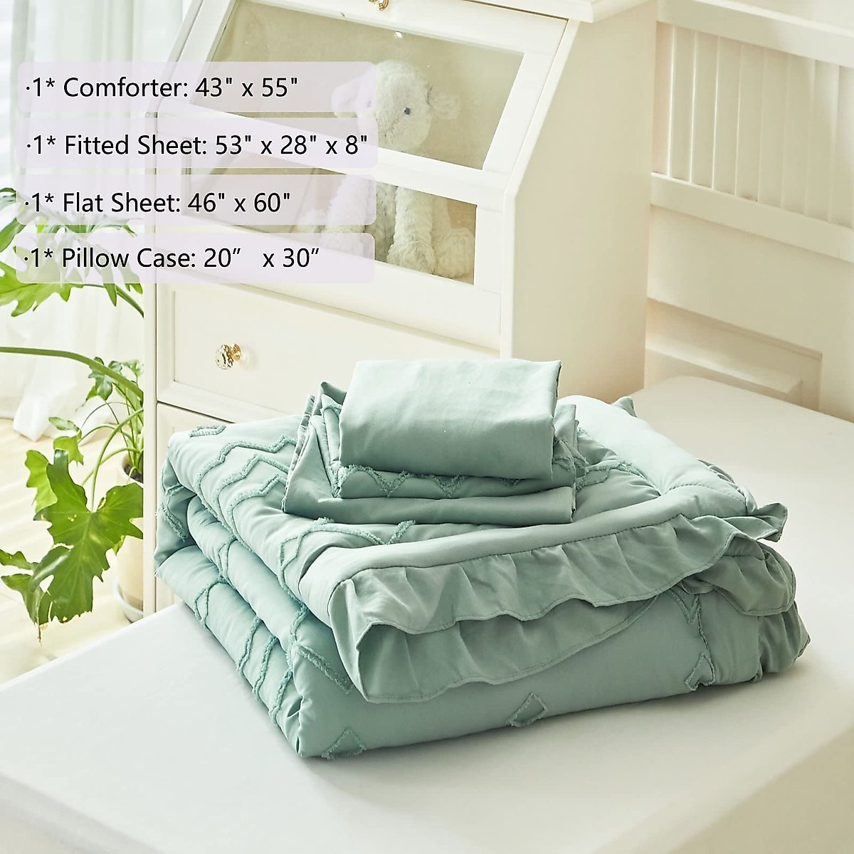 AIKASY Toddler Bedding Set 4 Pieces Super Soft Comforter Set, Shabby Boho Bohemian Design for Boys and Girls（Ruffle Fringe Comforter, Flat Sheet, Fitted Sheet and Pillowcase）- Green