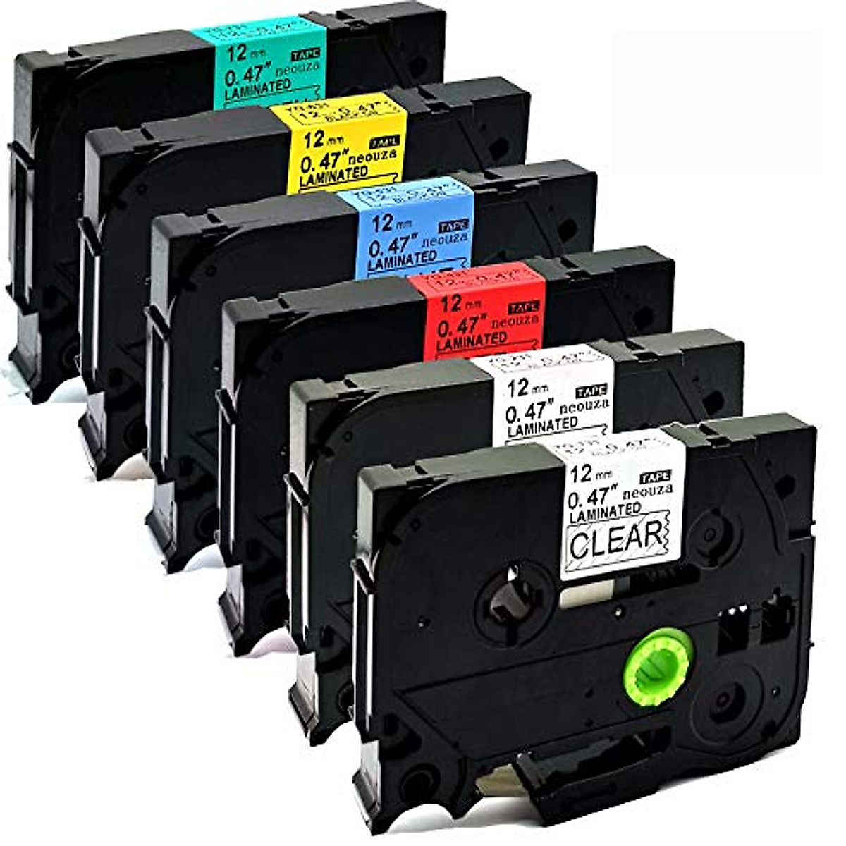 NEOUZA Compatible with Brother P-Touch TZ TZe 131 231 431 531 631731 Tape Label 12mm(0.47 Inch) x 8m (26.2ft) (Set of 6 Color Packs Black Print on Clear White Red Blue Yellow Green)
