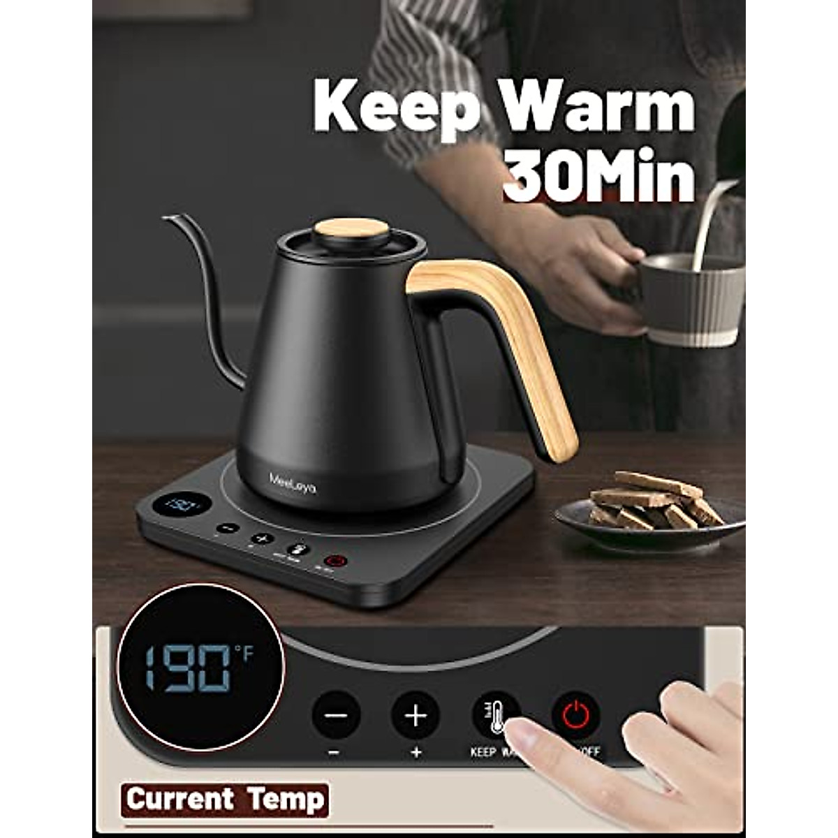 MeeLeya Electric Gooseneck Kettle with Variable Temperature Control, Pour Over Kettle for Coffee and Tea, Electric Kettle 1200 Watt, 0.8L (Black)