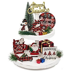 INHOTBY Christmas Decor-Farmhouse Rustic Country Winter Tiered Tray Christmas Decor Set,8Pcs Wooden Signs Gingerbread Buffalo Plaid Christmas Table Top Decorations Indoor Home Room(Tray Not Including)