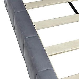 BOVZA L-Shaped Tufted Headboard Full Size Velvet Upholstered Floor Bed, Modern Daybed Sofa Bed Frame with Wood Slats Support for Living Room Bedroom, Gray