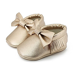 OOSAKU Infant Tolddler Baby Soft Sole PU Leathe Bowknots Shoes (6-12 Months, Gold)