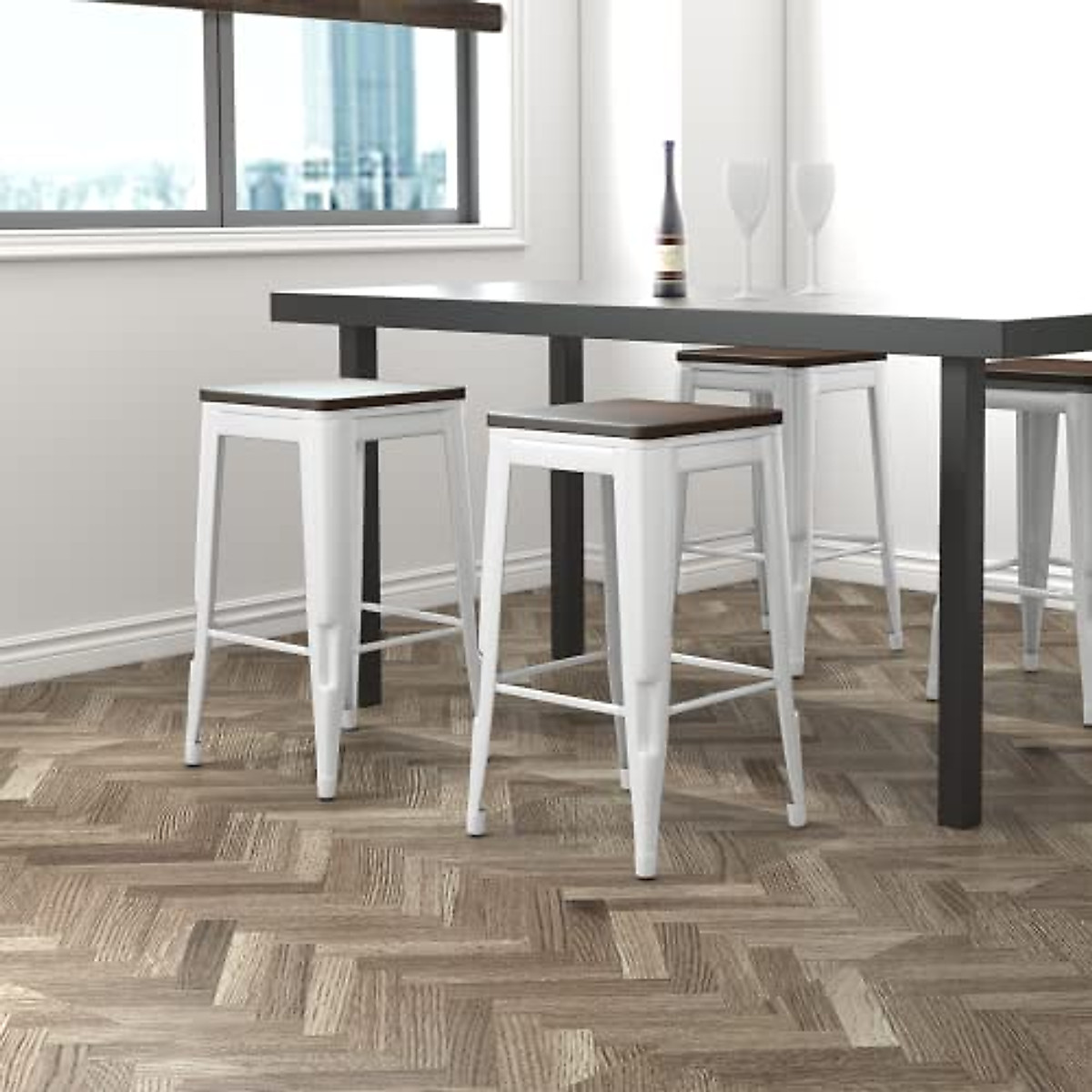 Mjkone 26.4'' Square Metal Bar Stool,Indoor Outdoor Stackable Barstools,Modern Industrial Top Bar Stools Set of 2(White)