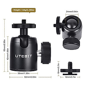 UTEBIT 2 Pack DSLR Camera Tripod Ball Head with Hot Shoe Mount Adapter 360° Panoramic Mini Ball Head 1/4" Screw Thread Compatible for Vive Flash Light