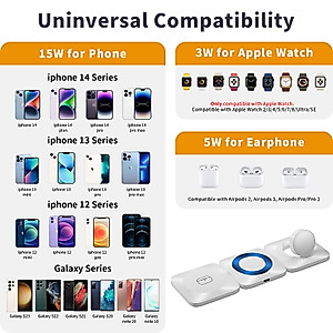 3 in 1 Wireless Charger for iPhone,Portable 3 in 1 Magnetic Wireless Charging Station,Travel Charger for Multiple Devices,for iPhone 15 14 13 Pro Max,AirPods,Apple Watch-White (Adapter not Included)
