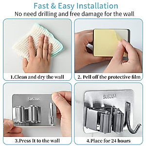 AISIDERK 4Pcs Broom and Mop Holder, Stainless Steel Broom Storage Holder, Self Adhesive Anti-Slip Adhesive Hook Broom Holder Wall Mount, Mop Gripper with Hook for Kitchen Bathroom Closet Garden Garage