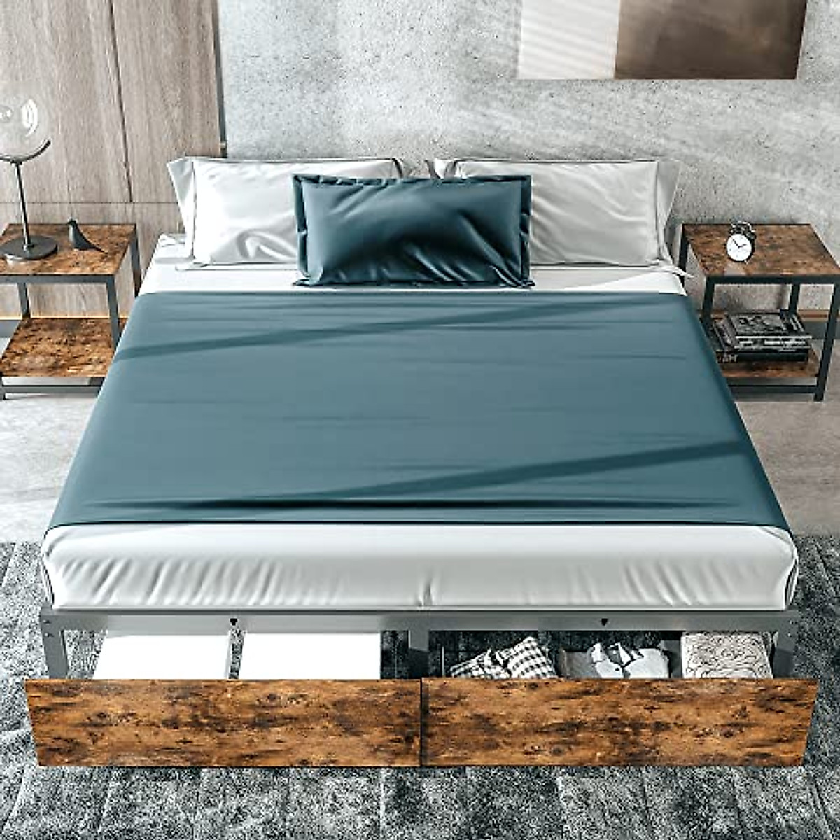 IRONCK King Bed Frame with 2 XL Storage Drawer, Platform Bed Frame Strong Steel Double Reinforced Support, No Box Spring Needed, Wooden Board Decor