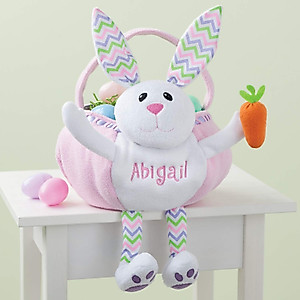 Personalized Plush Easter Bunny Basket with Custom Name | Pink Soft Easter Bag with Chevron Patterned Bunny Ears and Handle | Customized Easter Basket | Great for Easter Egg Games