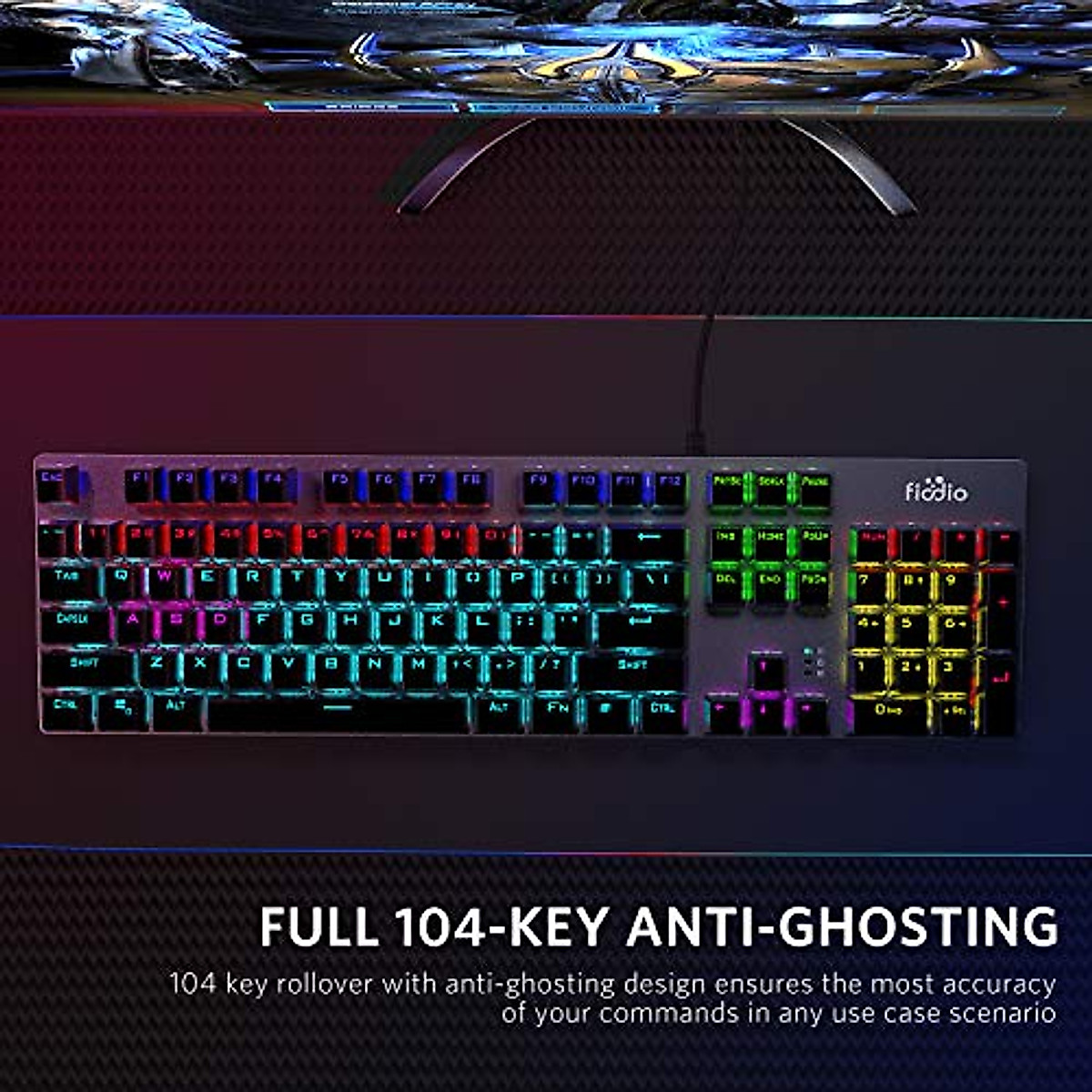 Fiodio Mechanical Gaming Keyboard, Fantastic LED Rainbow Backlit Wired Keyboard, Full Anti-Ghosting Keys, with Quick-Response Blue Switches and Multimedia Control for PC and Desktop Computer