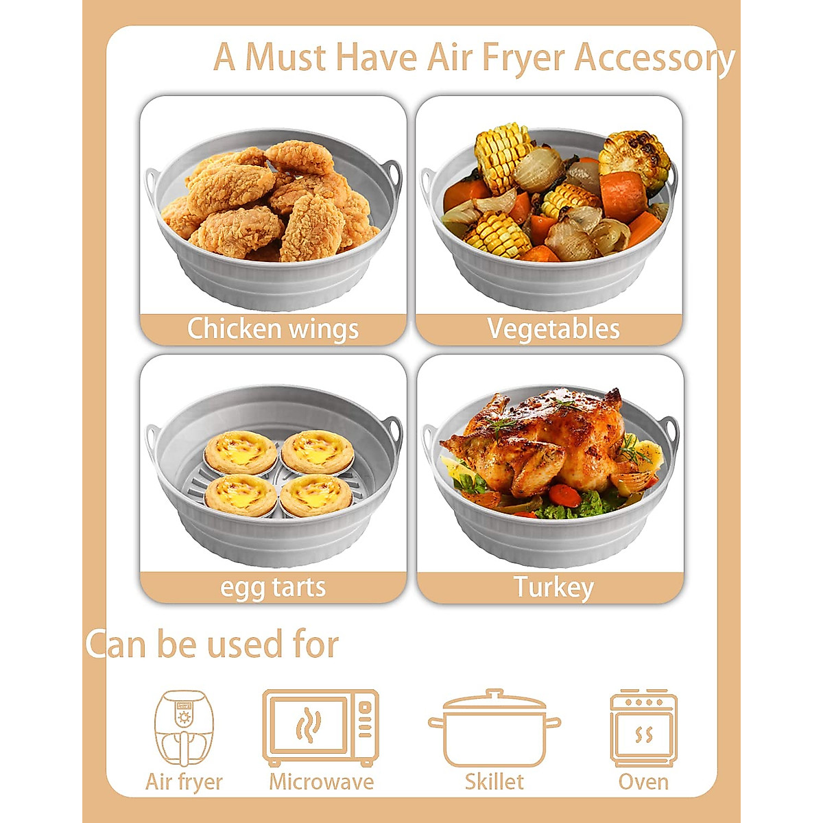 2-Pack, 7.9inch Air Fryer Silicone Liners Reusable, Foldable Air Fryer Silicone Basket, Heat Resistant Air Fryer Oven Accessories, Easy Cleaning Air Fryers Pot for 3-5 Qt Air Fryer (Grey)