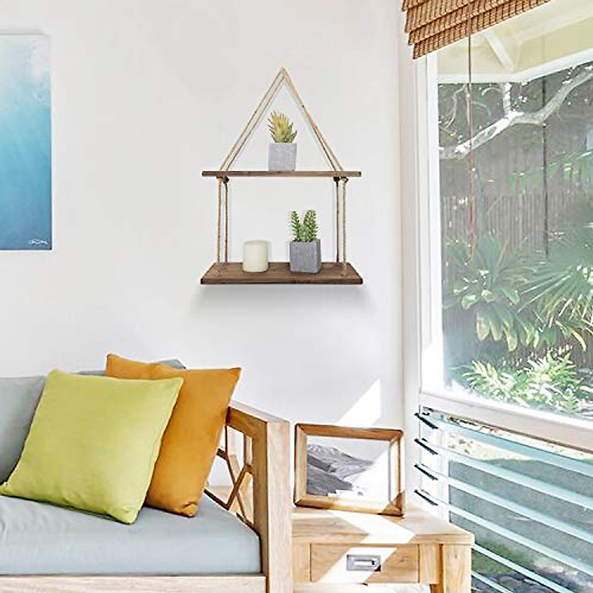 Flexzion Wall Hanging Shelf for Plants, 2 Tier Floating Rope Shelves with Hooks, Boho Wall Decorations for Bedroom Bathroom Living Room Farmhouse Rustic Decor Display Shelf for Plant