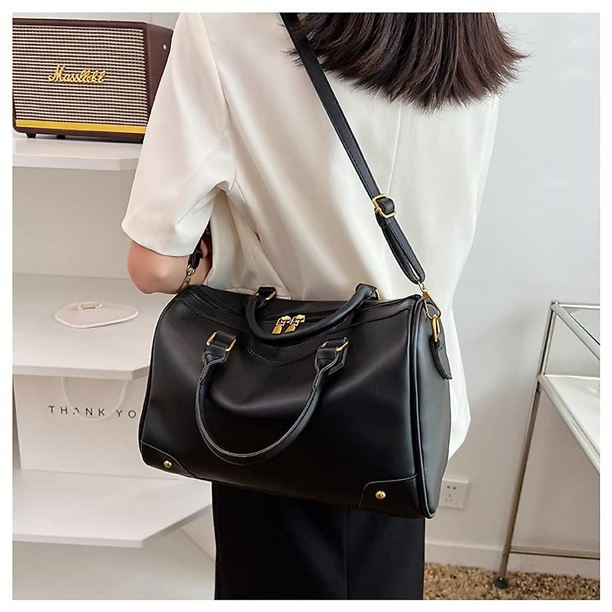 HANDAFA Boston Bag Zip Tote Handbag Vintage Shoulder Handbag With Adjustable Strap For Women(Black)