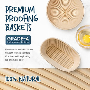 RORECAY Bread Banneton Proofing Basket Set of 2, 9 Inch Round & 10 Inch Oval Cane Sourdough Baskets with Bread Lame + Dough Scraper + Linen Liner + Basting Brush for Bread Making Baking Fermentation
