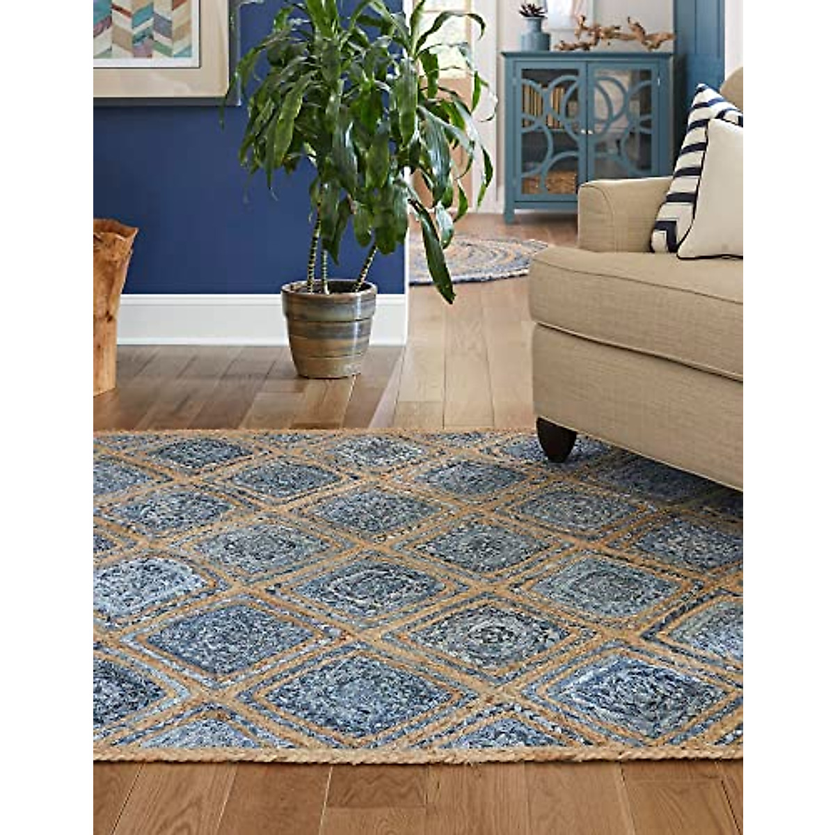 Unique Loom Braided Jute Collection Classic Quality Made Natural Hand Woven with Geometric Design Area Rug (9' 0 x 12' 0 Rectangular, Blue/ Natural)