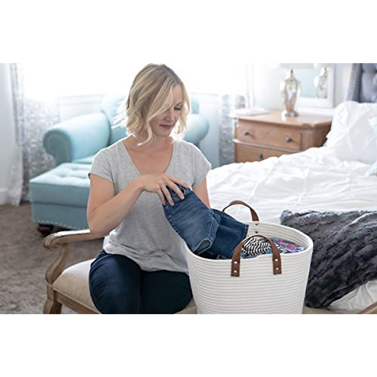 Sweetzer & Orange Large Woven Cotton Rope Storage Basket (Vegan Handles) - Blanket Storage Baskets, Laundry Basket, Toy Storage, Nursery Hamper - Decorative Off White Basket for Living Room