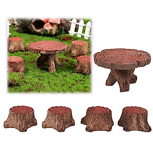 Generic 5 Pieces Garden Furniture Ornaments Miniature Wooden Stake Table and Chairs Set Village Micro Resin Bench Chair for Fairy House Home Micro Landscape Decoration (Vintage Style), Small, Brown