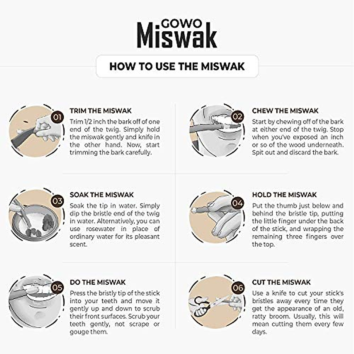 GOWO 3 Pack Miswak Sticks and Holders - Natural Teeth Whitening Kit - Natural Toothbrush - No Toothpaste Needed - Herbal Teeth Whitener and Breath Freshener - (Includes 3 Sticks and 3 Holders)