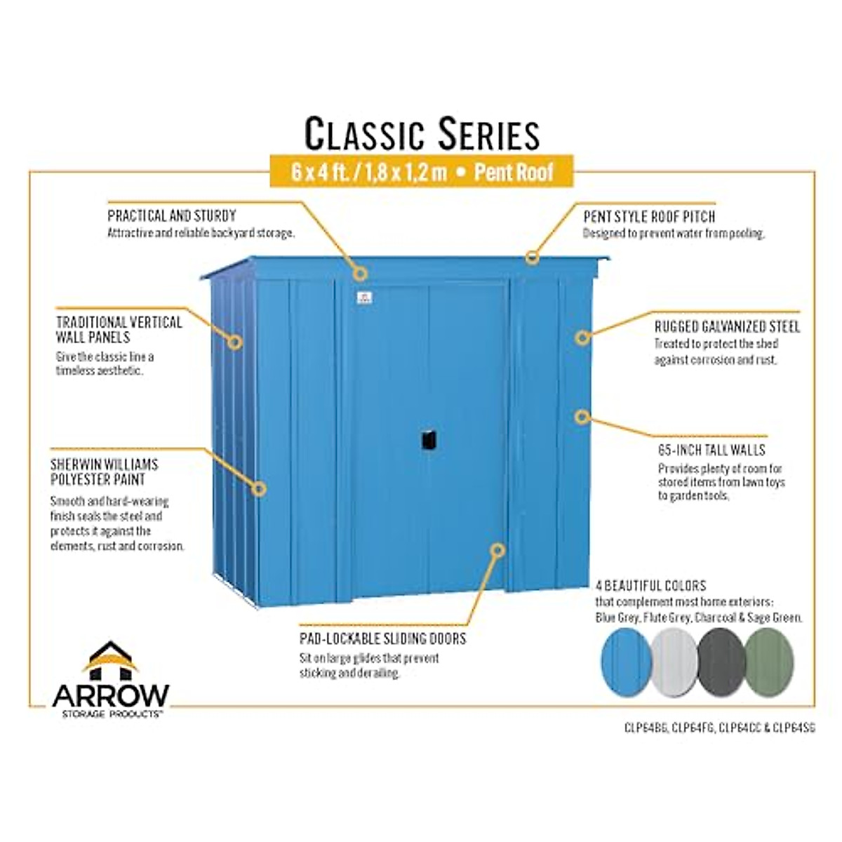 Arrow Classic Steel Storage Shed, 6x4, Sage Green