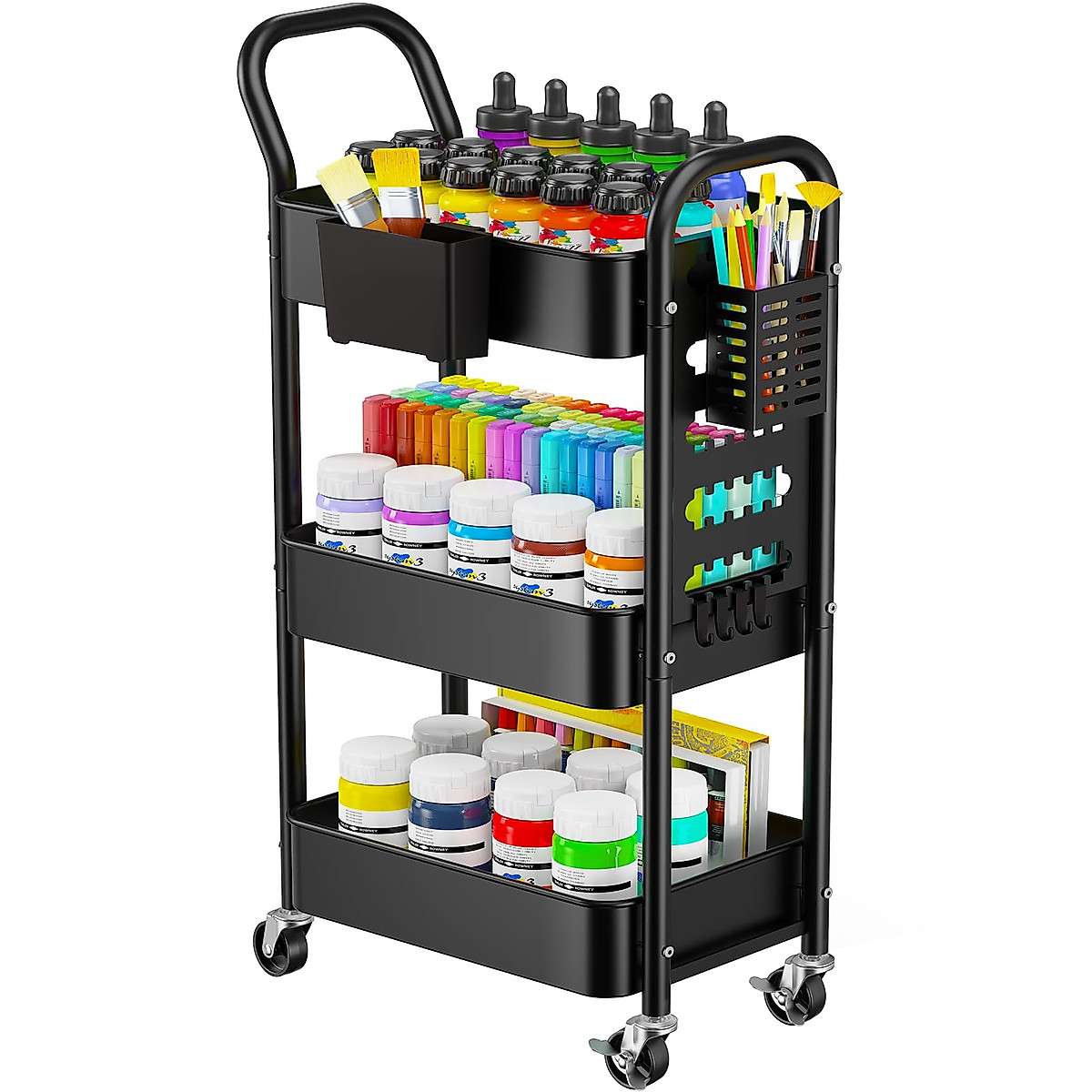 Pipishell 3-Tier Rolling Cart, Metal Utility Cart with Pegboard, Lockable Wheels & U-Shaped Handle, Storage Cart with 2 Hanging Cups & 4 Hooks for Living Room, Bedroom, Kitchen, Office (Black)