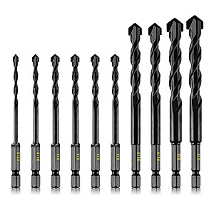 10-Piece Masonry Drill Bits Kit for Concrete, Stone, Carbide Drill Bit Set for Glass, Brick, Tile, Plastic, Ceramic and Wood Size 5/32 to 1/2 inch