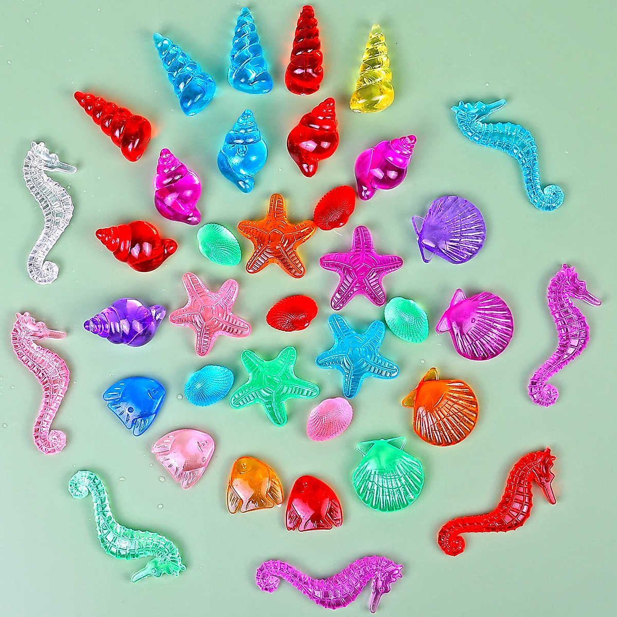 HAPTIME 100 Pcs Sensory Bin Filler, Mini Resin Figures, Plastic Seashells Under The Sea, Little Mermaid Table Decorations, Sea Shells for Crafting, Vase Filler, Diving Gem Pool Toys for Kids