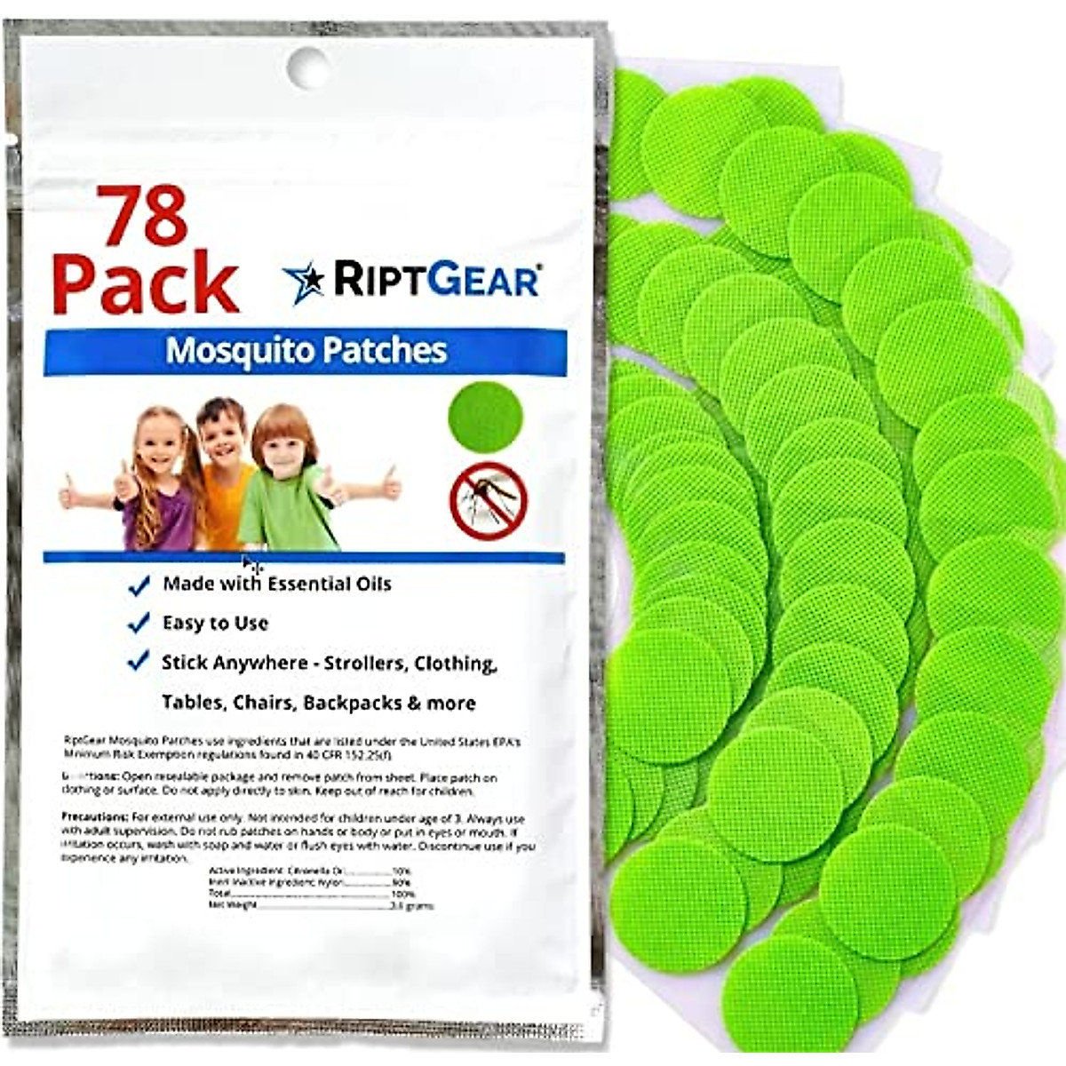 RiptGear Mosquito Patches - 78 Pack of Bug Stickers for Kids and Adults, Natural Citronella Patch Sticks to Any Surface - DEET Free Mosquito Stickers