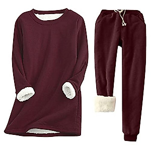 YUTANRAL Joggers for Women Two Piece Set Fleece Lined Oversized Sweatshirts Crewneck Long Sleeve Tops Womens Fall Fashion 2023 High Waisted Sherpa Sweatpants Winter Clothes Plus Size(6-Wine,XX-Large)