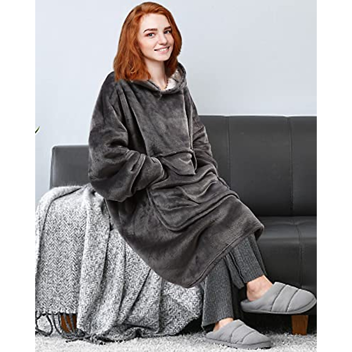 SHEJIZE Oversized Wearable Blanket Hoodie for Adults Sherpa Sweatshirt Hooded Sweatshirt Lounging Blanket Pullover