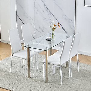 4HOMART 5 PCS Kitchen Table Set Modern Tempered Glass Top Table and PU Leather Chairs with 4 Chairs Dining Room Furniture White