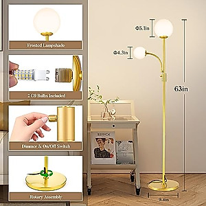 bulbeats Dimmable Globe Floor Lamp, Gold Standing Lamp with Adjustable Reading Light 3000K 6W G9 Bulbs, Industrial Tall Lamp for Living Room Bedroom Mid Century Modern Decor