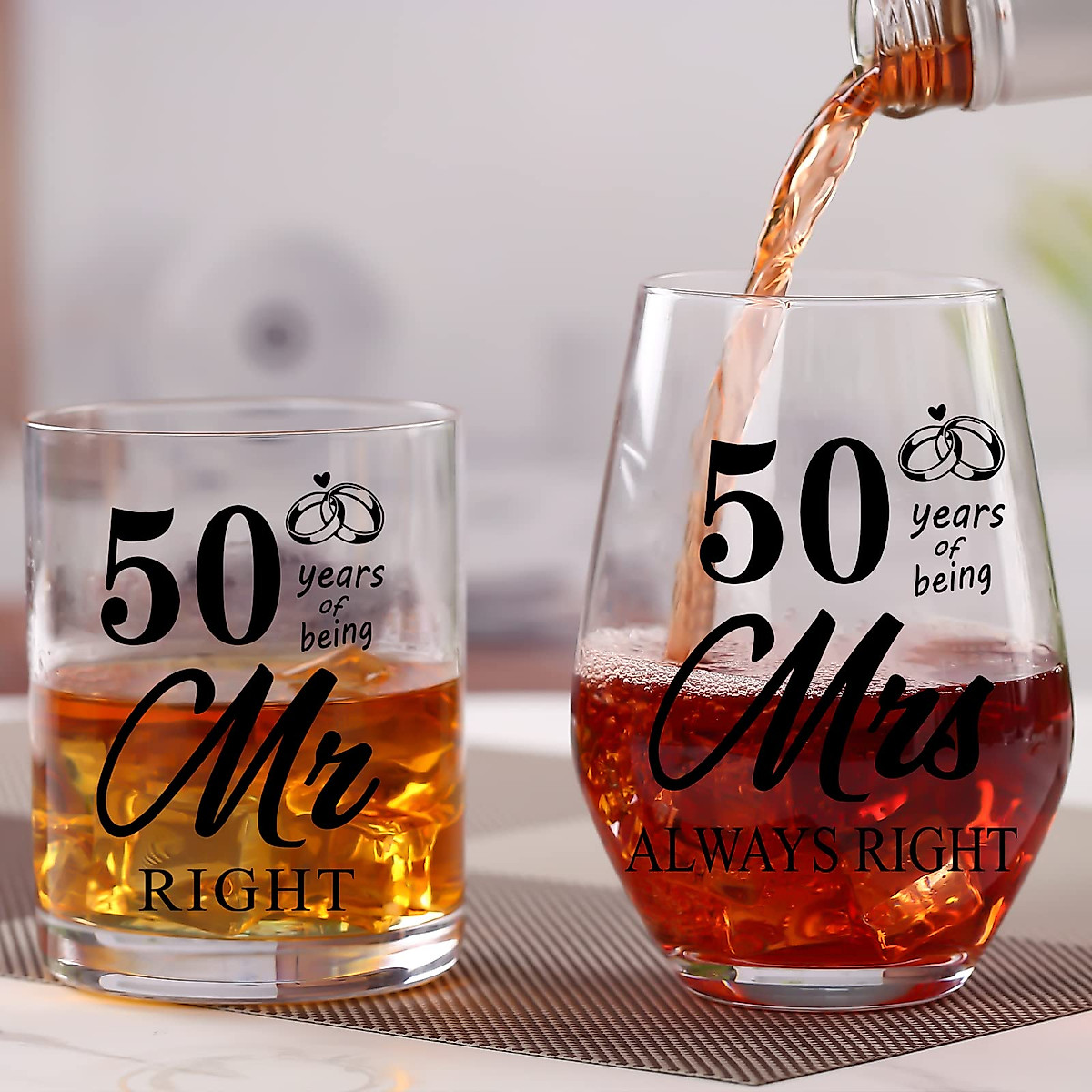 comfit 50th Wedding Anniversary - 50th Wedding Gifts for Dad, Mom, Husband, Wife, 50th Anniversary For Couple, 50th Gifts for Parents-Wine&Whiskey Glass Gift for Mr and Mrs,His and Hers18.5,13.8OZ