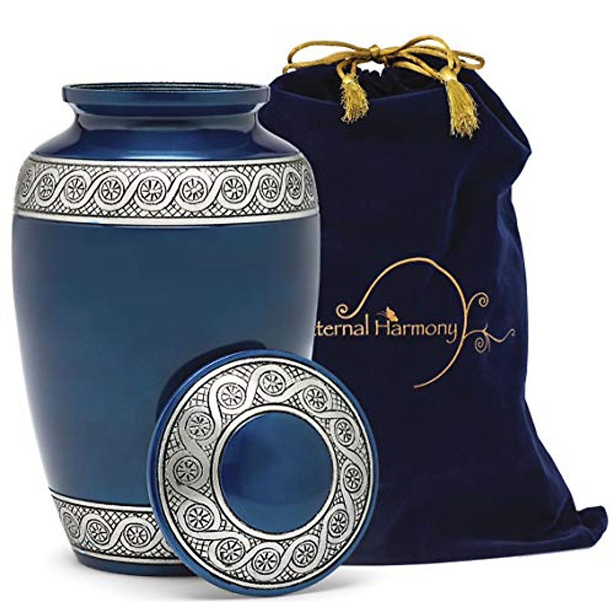 Eternal Harmony Cremation Urn for Human Ashes | Memorial Urn Carefully Handcrafted with Elegant Finishes to Honor and Remember Your Loved One | Adult Urn Large Size with Beautiful Velvet Bag (Blue)