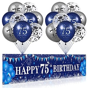 RUMIA Blue 75th Birthday Decorations for Men Women, Navy Blue Silver Happy 75th Birthday Yard Banner, Blue 75th Birthday Balloons for 75th Birthday Anniversary Party Decorations Supplies (A9143)