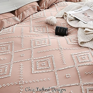 Senville Tufted Duvet Cover Queen Size,Jacquard Geometric Pattern,Soft Lightweight Pink Duvet Covers Set for All Seasons,3 Pieces Boho Shabby Chic Bedding Set with Zipper Closure(Pink,Queen)