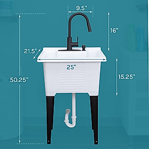 White Utility Sink by JS Jackson Supplies, Tehila Luxe Laundry Tub, Matte Black Hi-Arc Pull-Down Faucet, Soap Dispenser