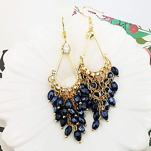 LAXPICOL Fashion Bohemian Long Earrings Blue Crystals Chandelier Fish Hook Earrings For Women Golden Tone