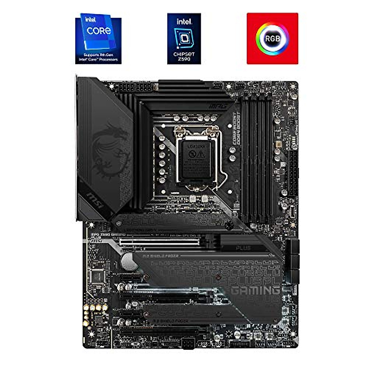 MSI MPG Z590 Gaming Plus Gaming Motherboard (ATX, 11th/10th Gen Intel Core, LGA 1200 Socket, DDR4, PCIe 4, CFX, M.2 Slots, USB 3.2 Gen 2, DP/HDMI, Mystic Light RGB)
