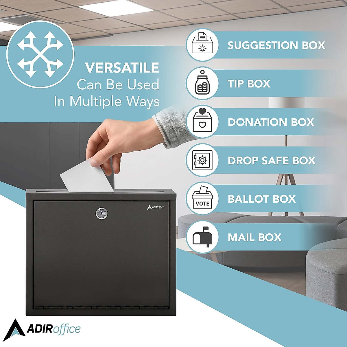 Adir Metal Suggestion Box with Lock and Slot, Wall Mount Deposit Box for Payments and Checks, Office Mail Box for Employees, Mailbox for House, Safe Drop Box with Keys - 3x10x12 Inch Black