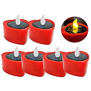 Solar Tea Lights Candles, 6pcs Heart Shaped LED Flameless Candles Rechargeable Electric Fake Candles for Valentine's Day Wedding Christmas Thanksgiving Home Party Decoration (Red Shell Yellow Flash)