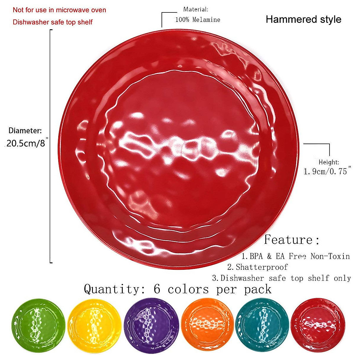 KX-WARE Melamine Plates Set of 6, 8-inch 100% Melamine Salad Plates for Everyday Use, Break-resistant and Lightweight, Multicolor